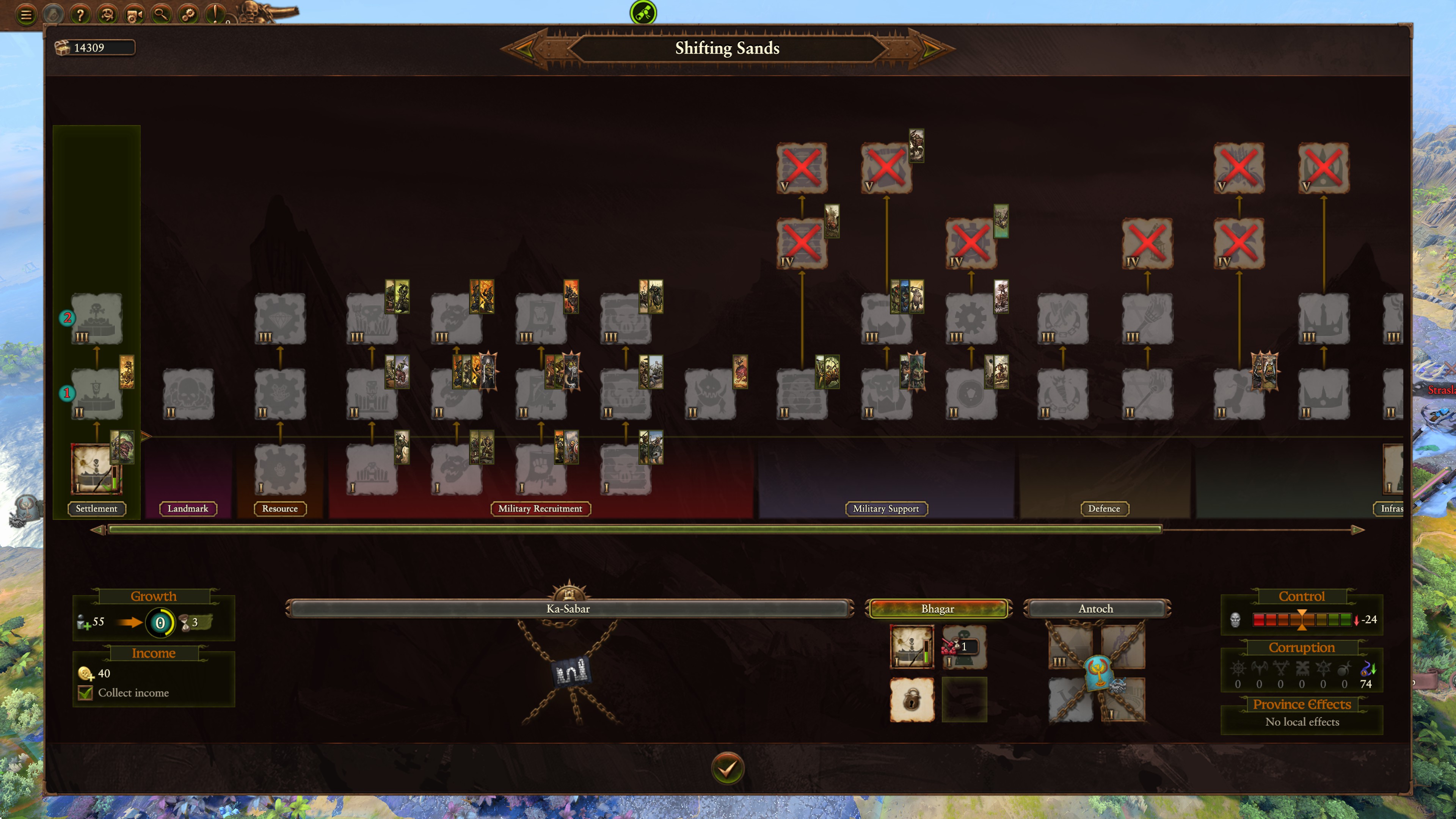 Shiftings Sands province UI shows Ka Sabar buildings panel shows ~20 ...