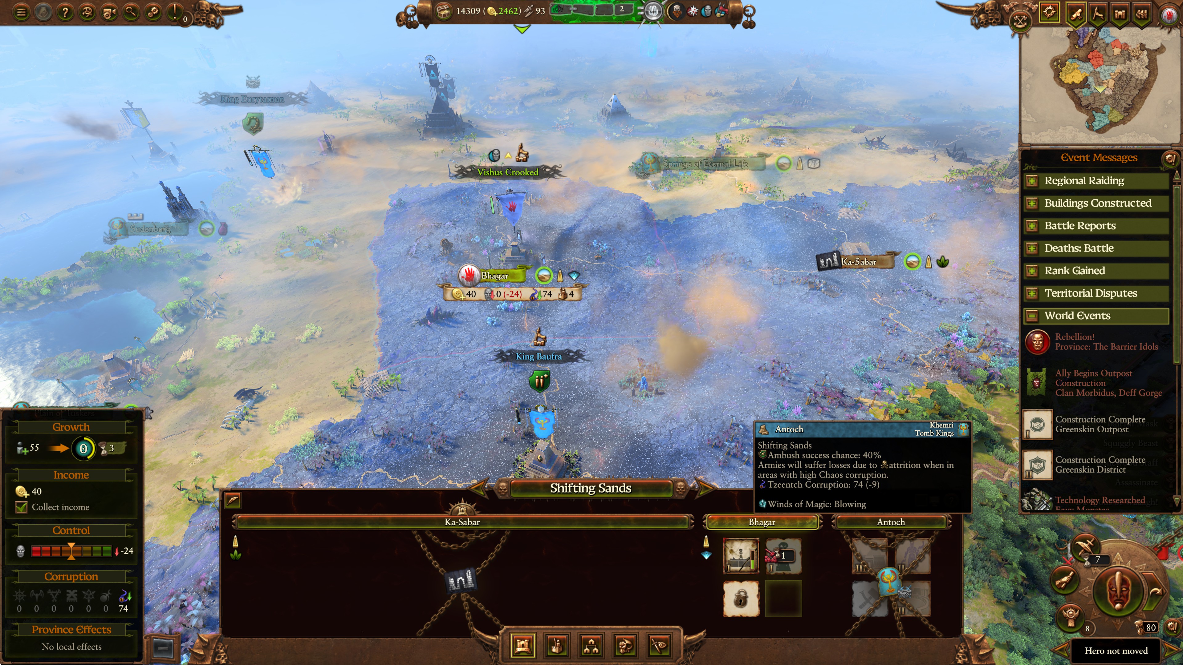 Shiftings Sands province UI shows Ka Sabar buildings panel shows ~20 ...