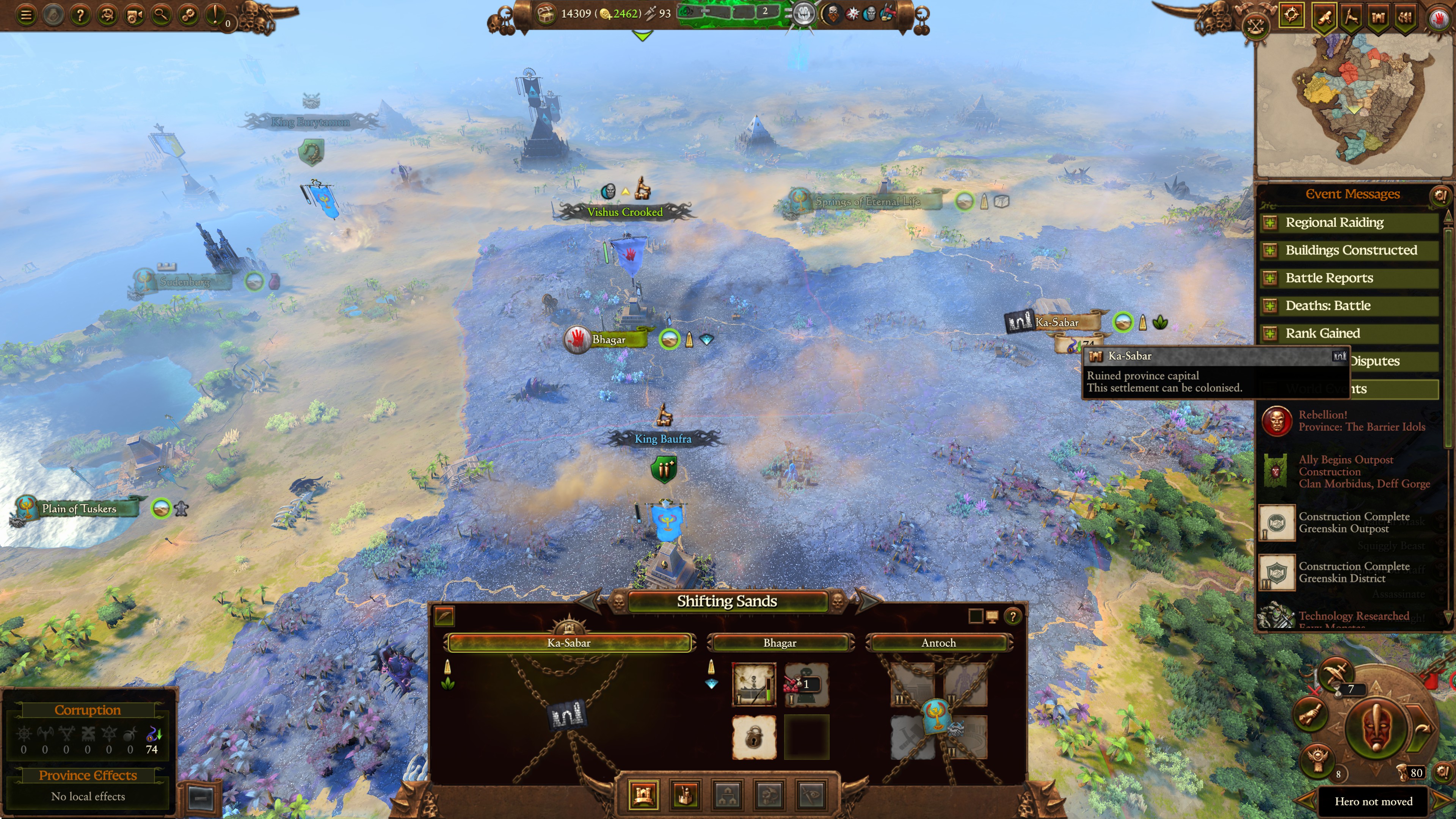 Shiftings Sands province UI shows Ka Sabar buildings panel shows ~20 ...