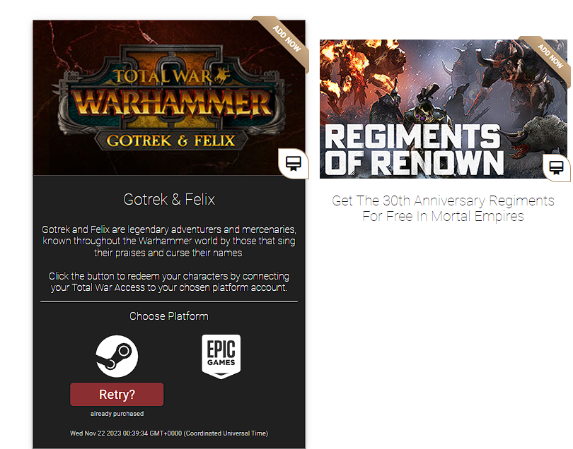 I can't get 30th flc and Gortex & Felix - Total War: Warhammer